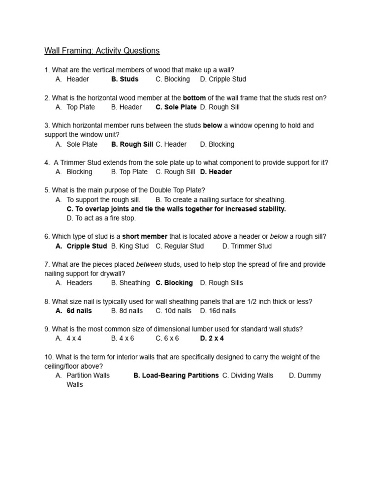 Wall Framing - Activity Questions | PDF