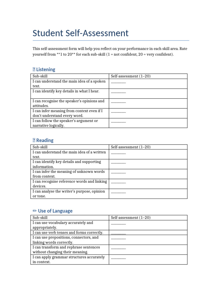 Student Self Assessment | PDF | Semantics | Vocabulary