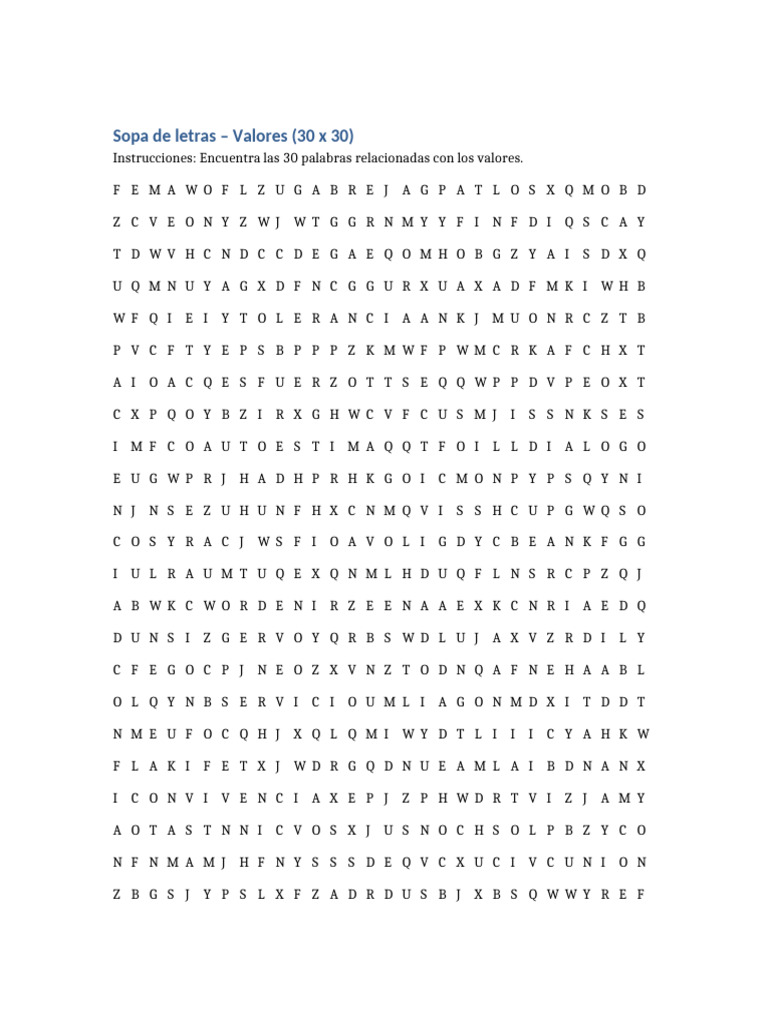Sopa de Letras Valores 30x30 | PDF