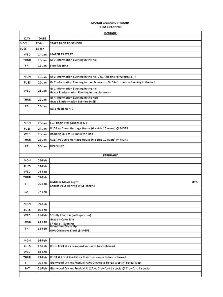Term 1 2026 Calendar Mgps | PDF