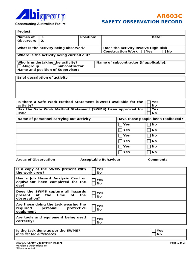 AR603C Safety Observation Record | PDF | Safety | Occupational Safety ...