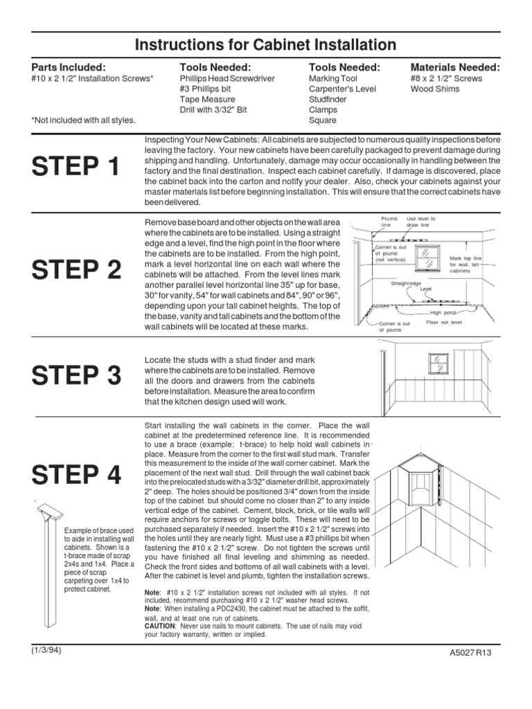 Step 1: Instructions For Cabinet Installation | PDF | Cabinetry | Screw