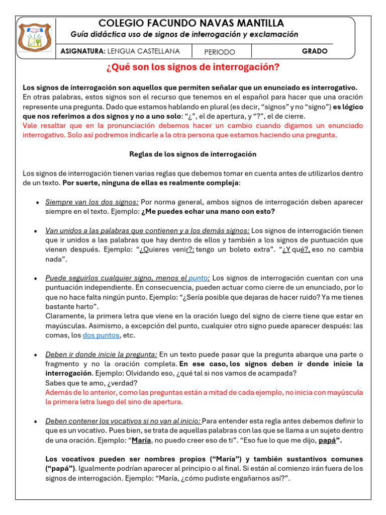 Guía Signos de Interrogación y Admiración Tamaño Carta | PDF | Oración ...