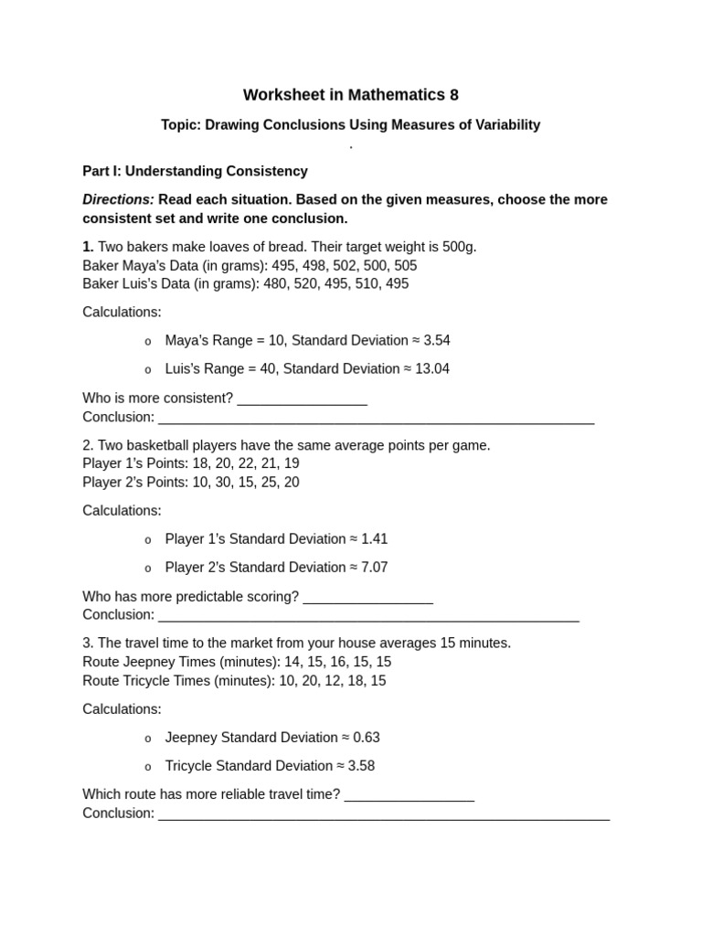 Worksheet in Mathematics | PDF | Standard Deviation | Data Analysis