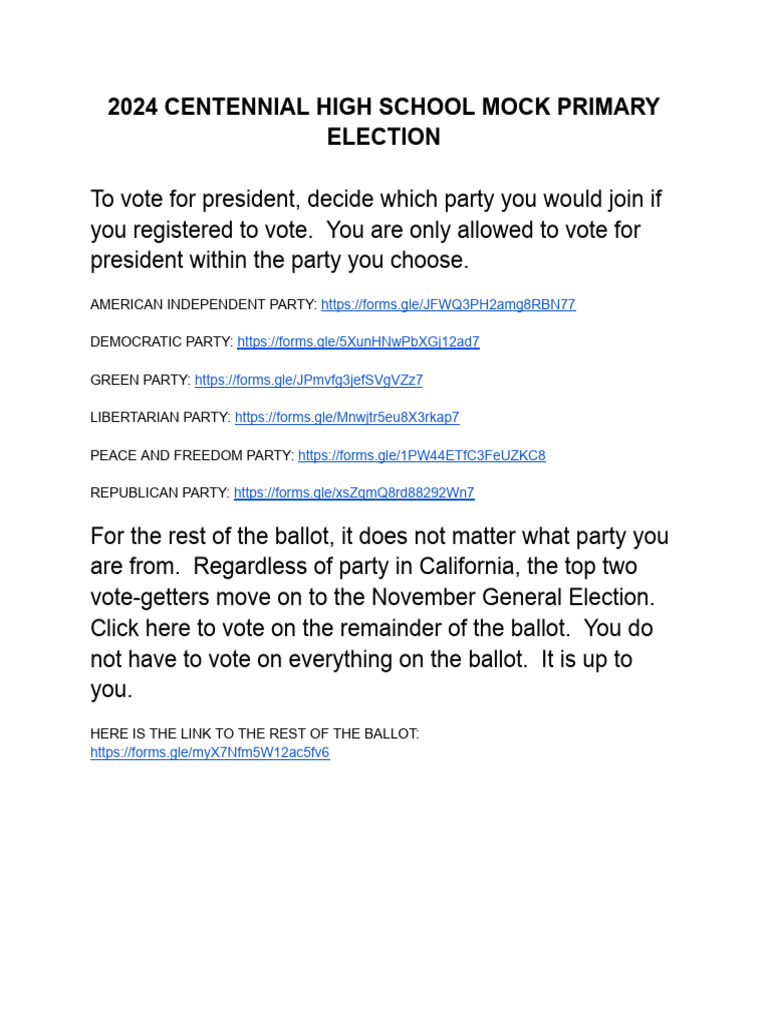 2024 Centennial High School Mock Primary Election | PDF