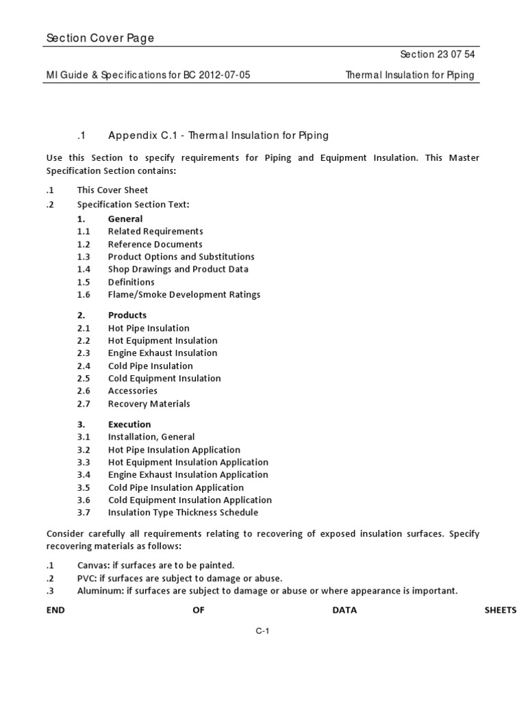 Data Sheet - Product Selection and Specification - Thermal Insulation ...