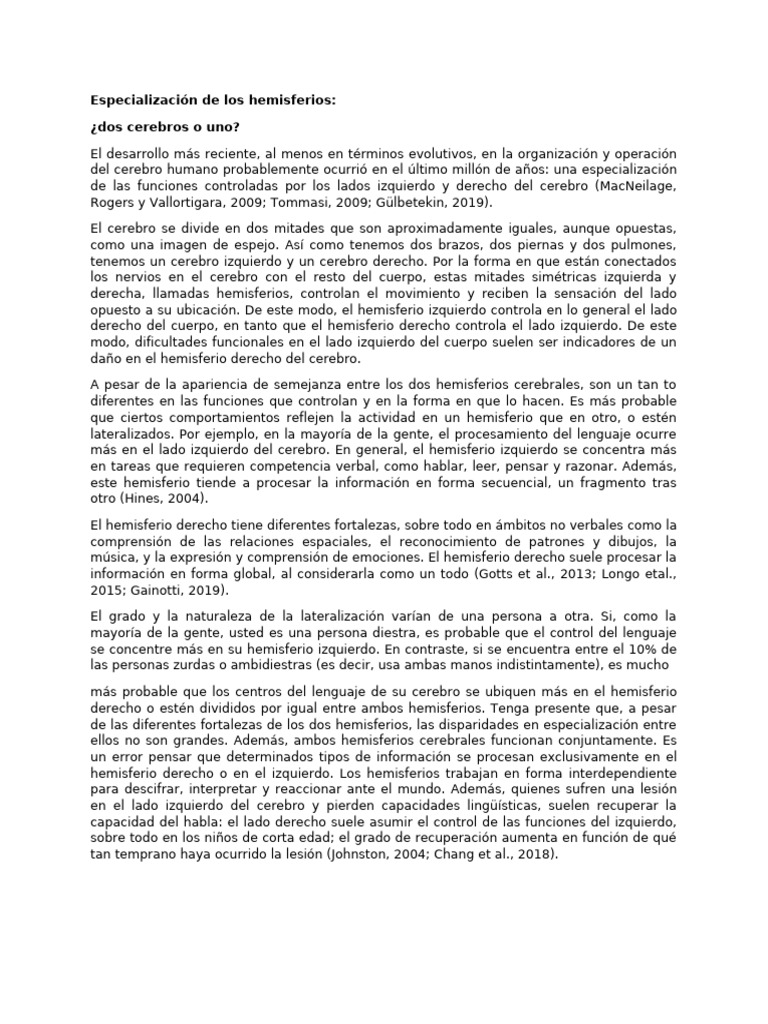 Especialización de Los Dos Hemisferios | PDF | Hemisferio cerebral ...