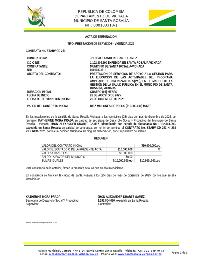 Acta de Terminación Jhon Alexander Duarte Gamez Segundo Contrato | PDF ...
