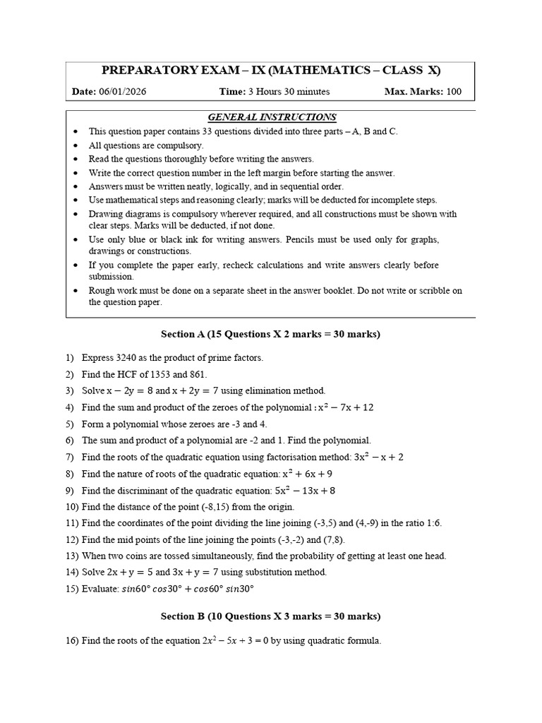 06 Feb 2025-Preparatory IX Math QP | PDF | Quadratic Equation ...