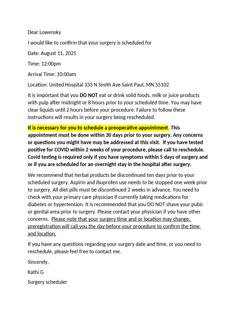 Surgery Letter at UH | PDF