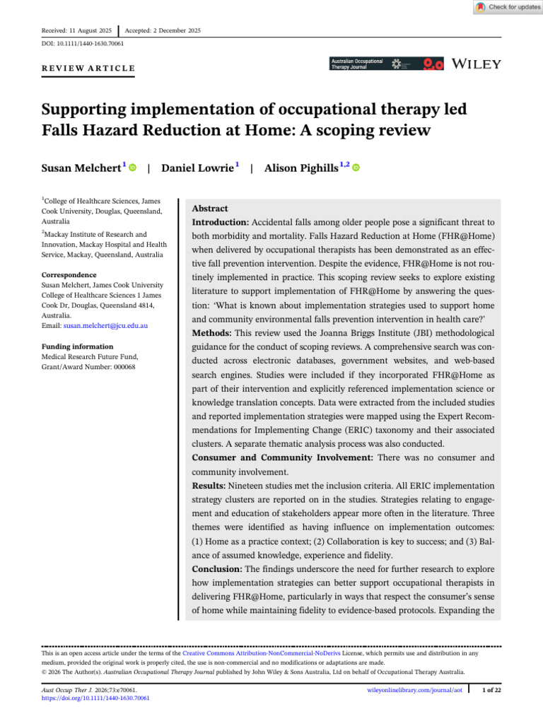 Supporting implementation of occupational therapy led Falls Hazard ...