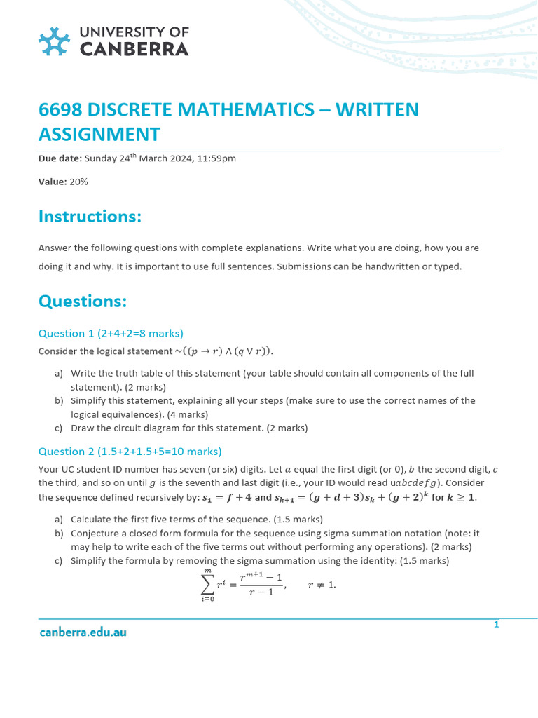 6698 Discrete Mathematics - Written Assignment (1) | PDF | Mathematical ...