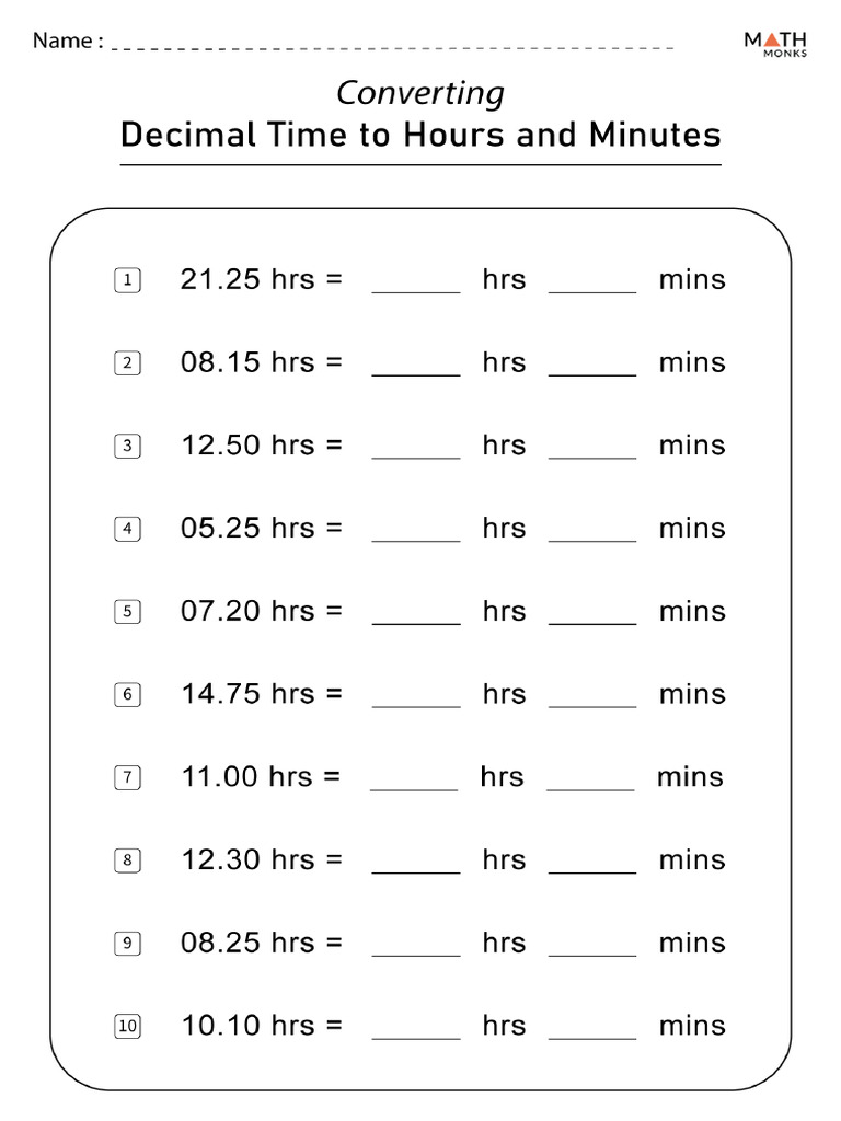 Converting Decimal Time To Hours and Minutes Worksheets | PDF