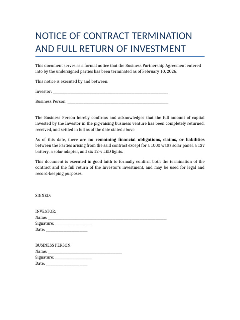 Notice of Contract Termination and Full Return of Investment | PDF