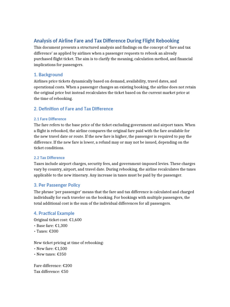 Fare and Tax Difference Rebooking Analysis | PDF | Taxes | Fare