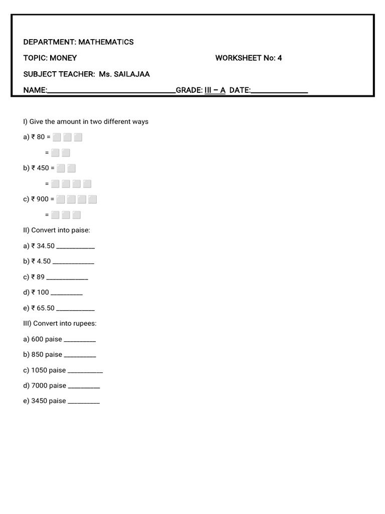 Class 3 Money Worksheet4 | PDF