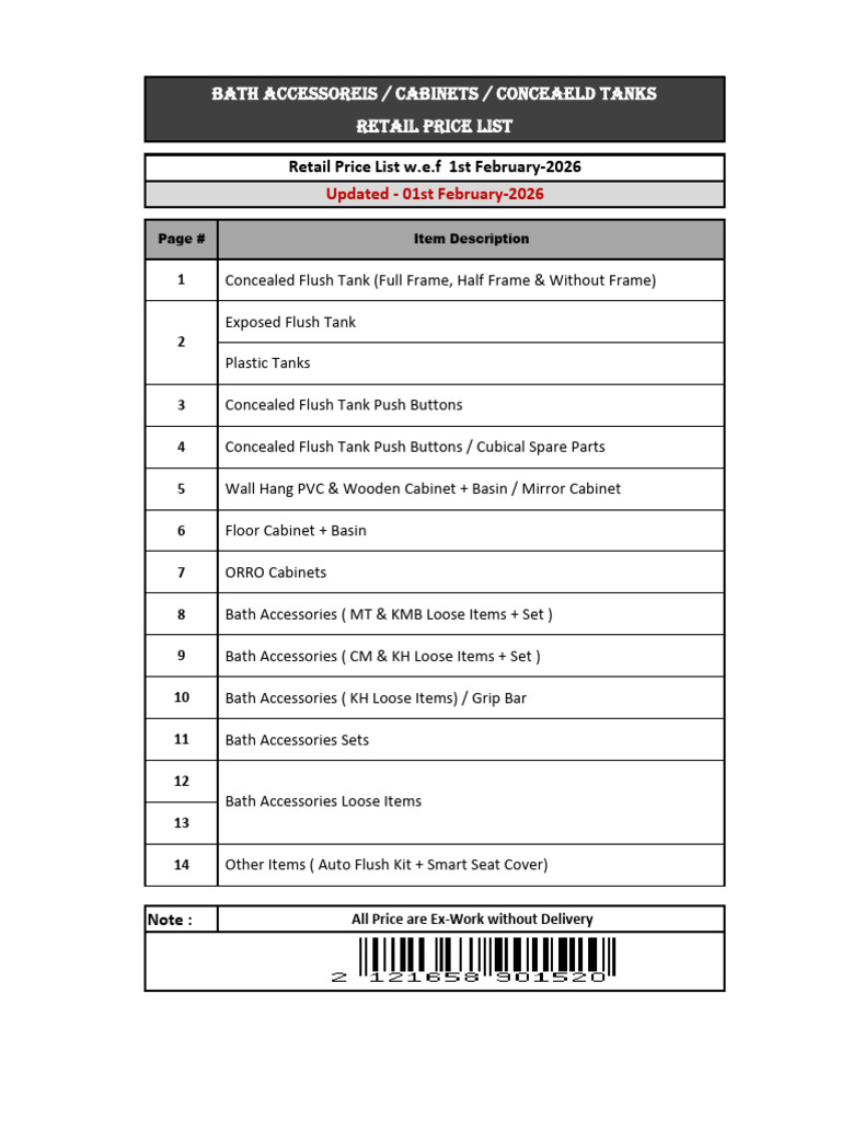 Bath Accessories Price List W.E.F 01st February-2026 (Retail) | PDF