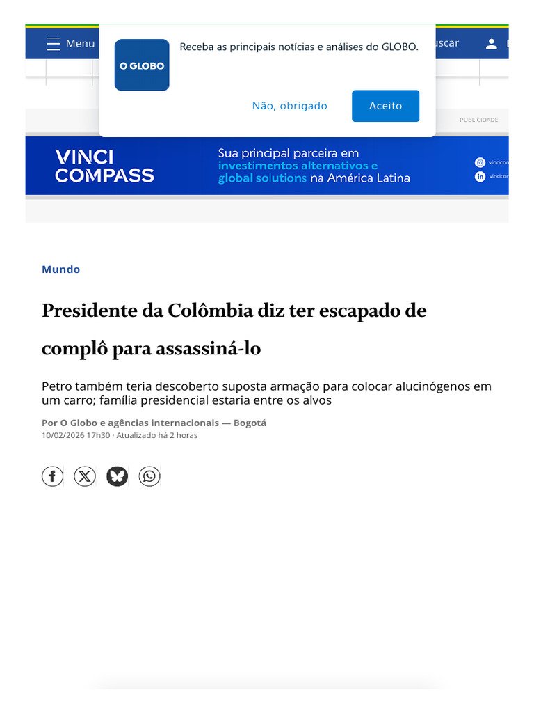 Presidente da Colômbia diz ter escapado de complô para assassiná-lo ...
