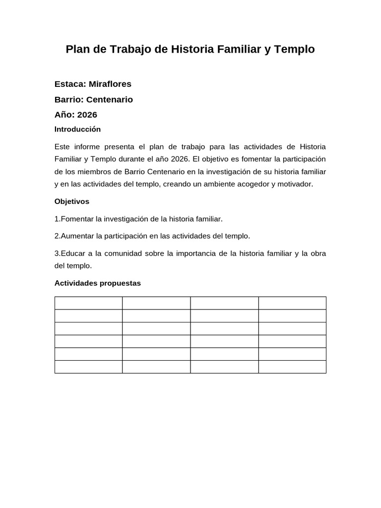 Plan de Trabajo de Historia Familiar y Templo Centenario 2026 | PDF