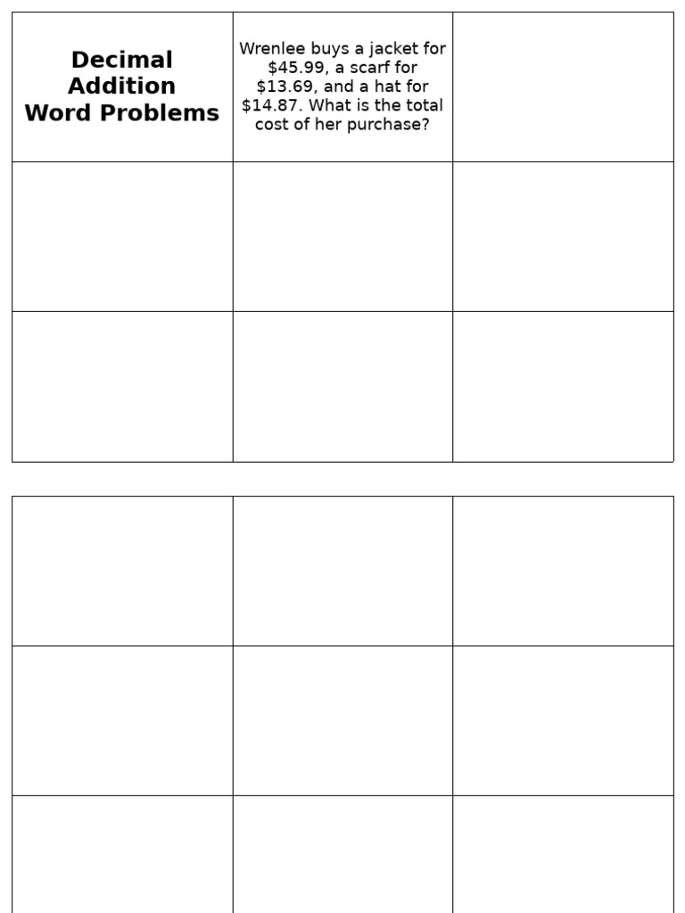 Decimal Addition Word Problems Cards | PDF