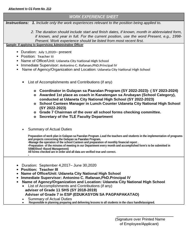 Fhel CS Form No. 212 Attachment - Work Experience Sheet_072420 | PDF