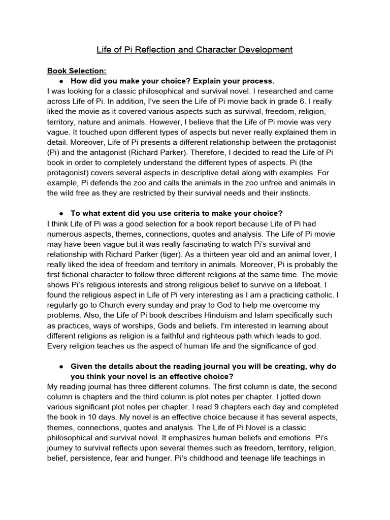 Life of Pi Reflection and Character Development | PDF