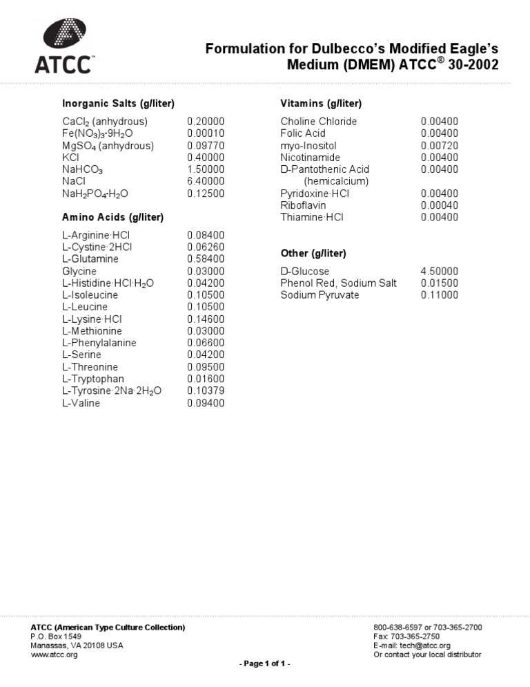 DMEM ATCC 30-2002 Composition Guide | PDF