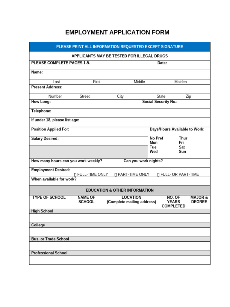 Employment Application Form | PDF | Employment | At Will Employment
