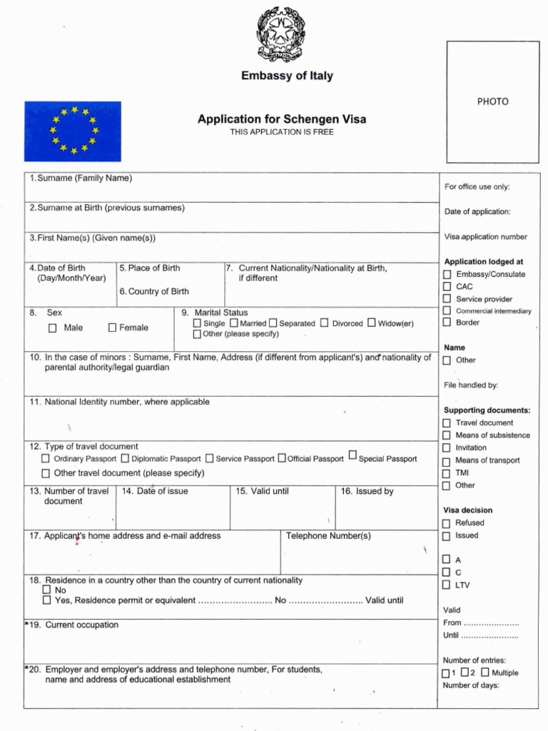 Italy Schengen Visa Application Form | PDF | Travel Visa | Passport