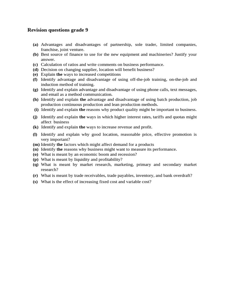 2017 t2 Revision Questions Grade 9 | PDF | Marketing | Profit (Economics)