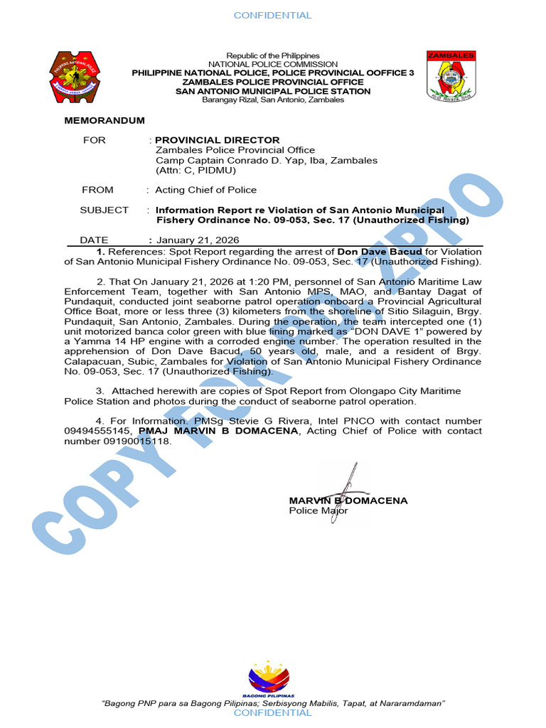 SAPS Information Report Re Violation of San Antonio Municipal Fishery ...