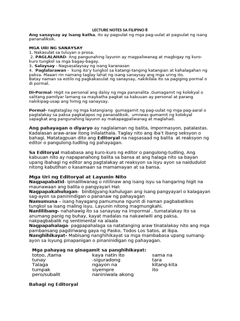 Lecture Notes Sa Filipino 8 | PDF