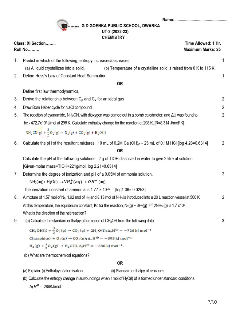 Chemistry_Class-11_UT2_QP_2022-23 | PDF | Chemical Equilibrium | Acid