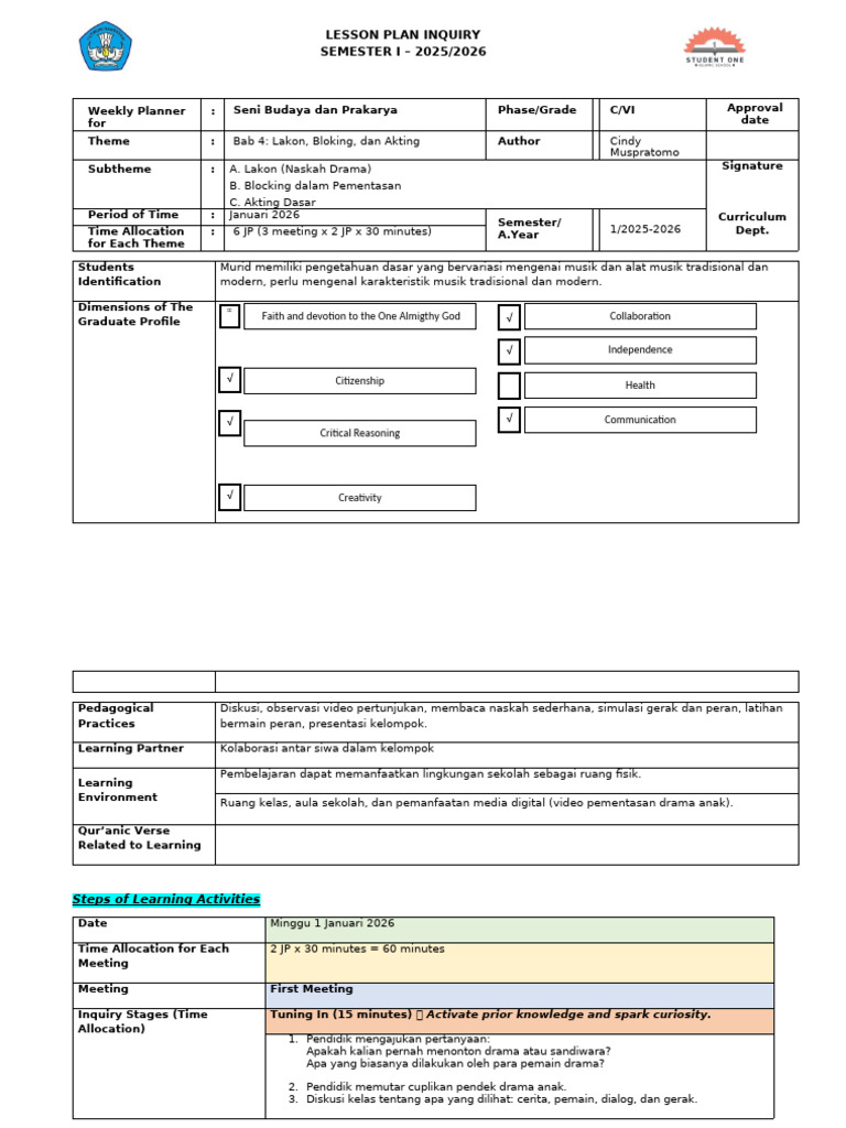 Lesson Plan SBDP - Seni Musik - Lakon, Blocking, and Acting Grade 6 | PDF