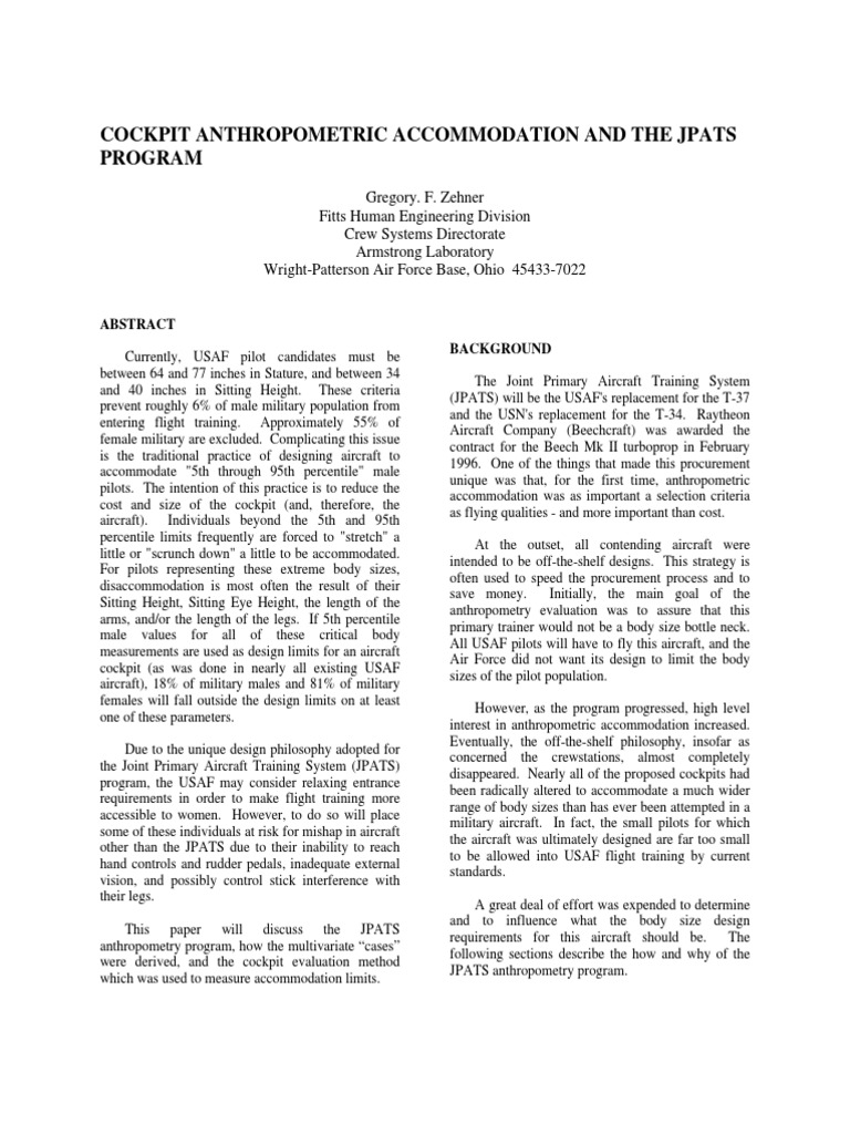 Cockpit Anthropometric Accomodation and The JPATS Program | PDF ...