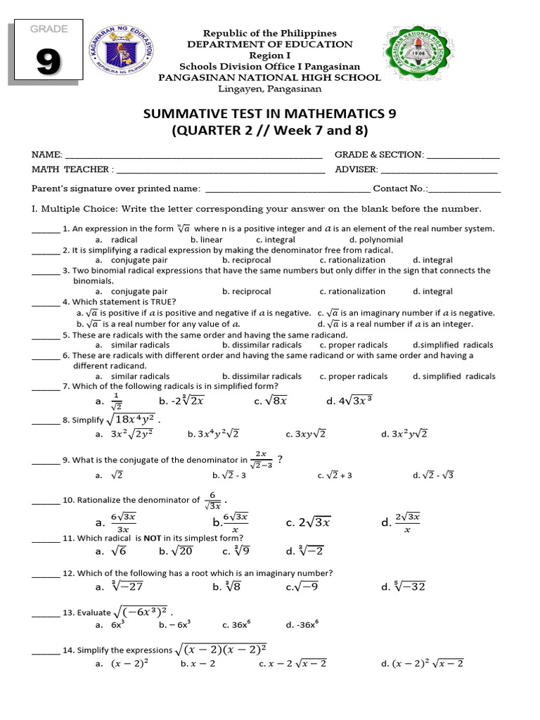 Grade 9 Summative Test q2 Week78 | PDF | Numbers | Real Number