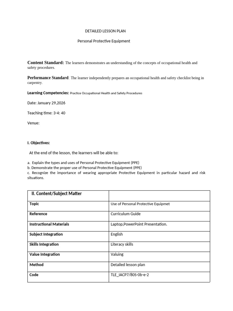 Detailed Lesson Plan Ppe1 1 | PDF | Personal Protective Equipment ...