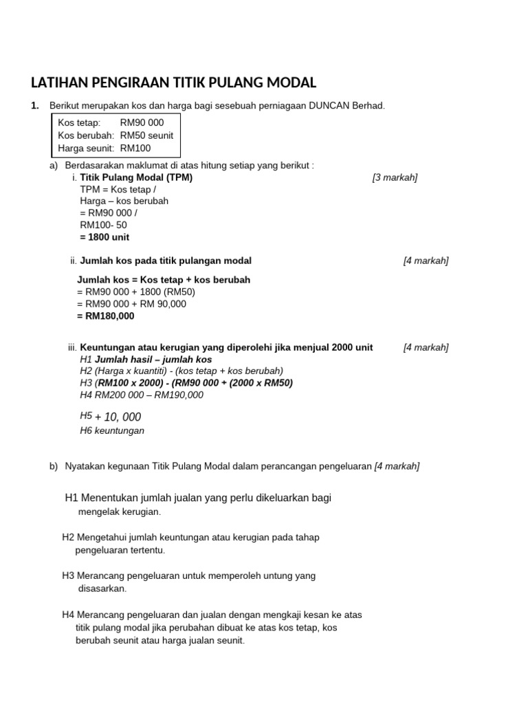 Latihan Pengiraan Titik Pulang Modal | PDF