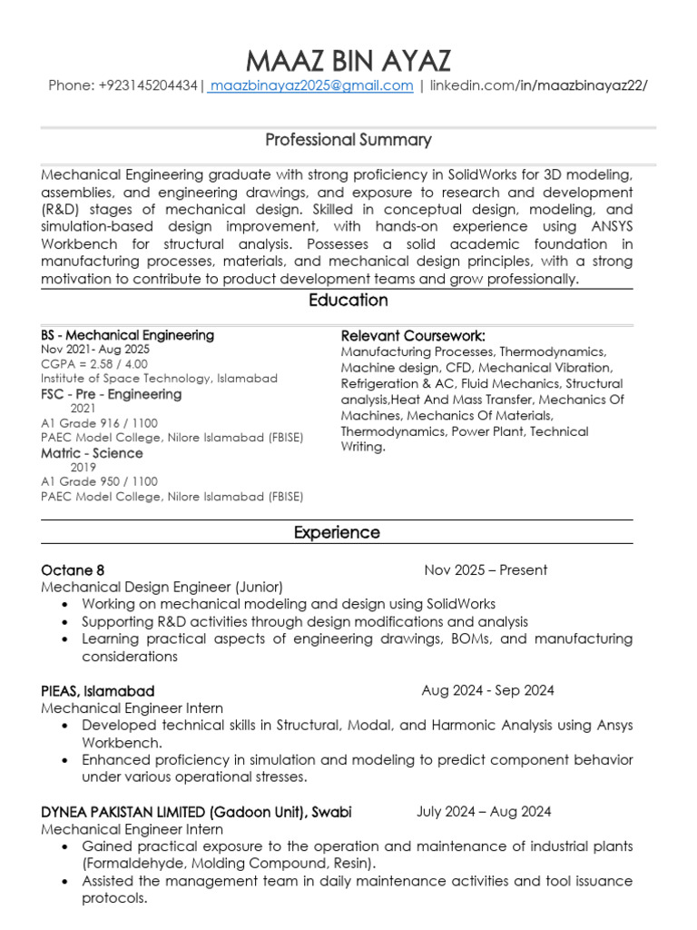 Maaz Bin Ayaz Cv (2) | PDF | Mechanical Engineering | Heat Exchanger