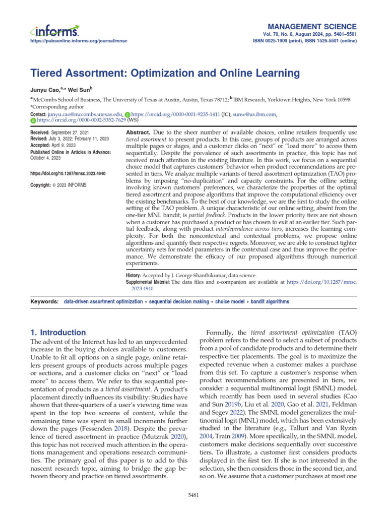 Tiered Assortment Optimization and Online Learning | PDF | Applied ...