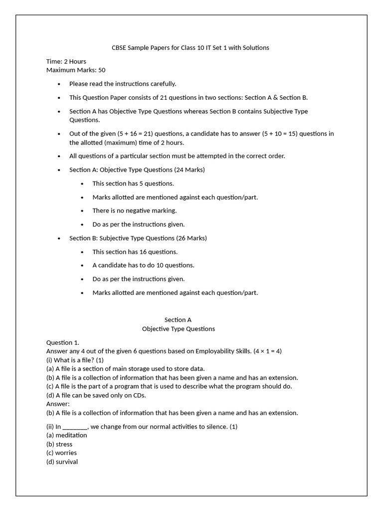 CBSE Sample Papers for Class 10 IT Set 1 with Solutions | PDF | Data ...