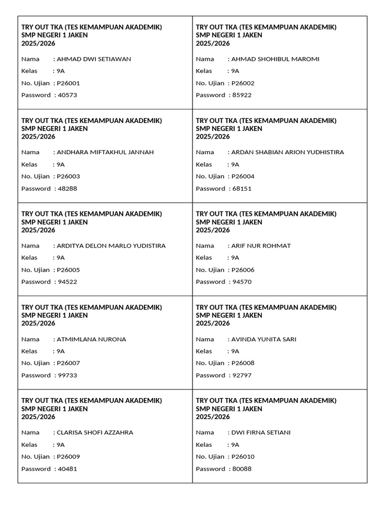 Cetak Kartu Try Out Tka | PDF