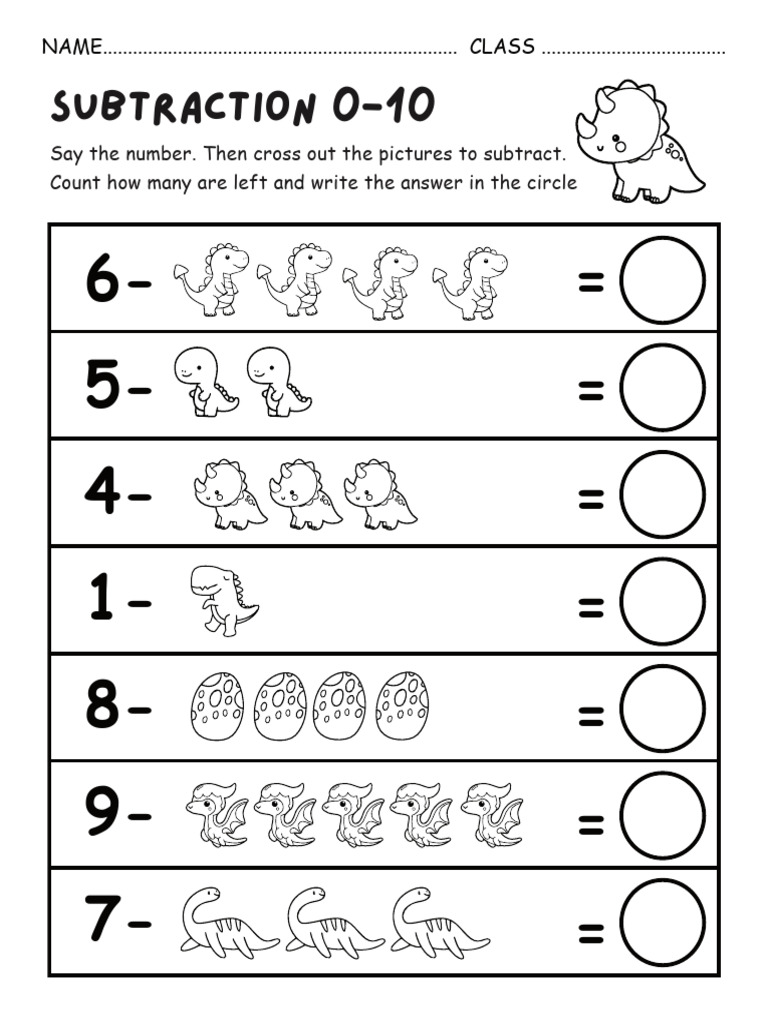 Dinosaur Math Worksheet Subtraction 0-10 | PDF