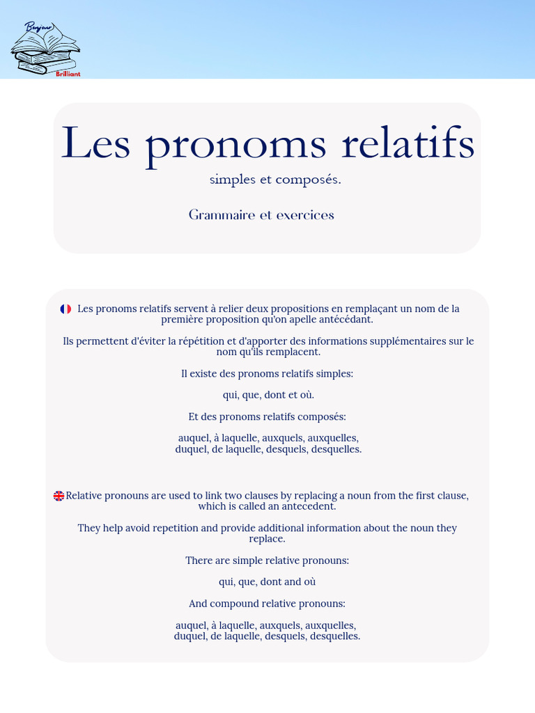 Les Pronoms Relatifs Simples Et Composés A2B1 | PDF | Clause | Sujet ...
