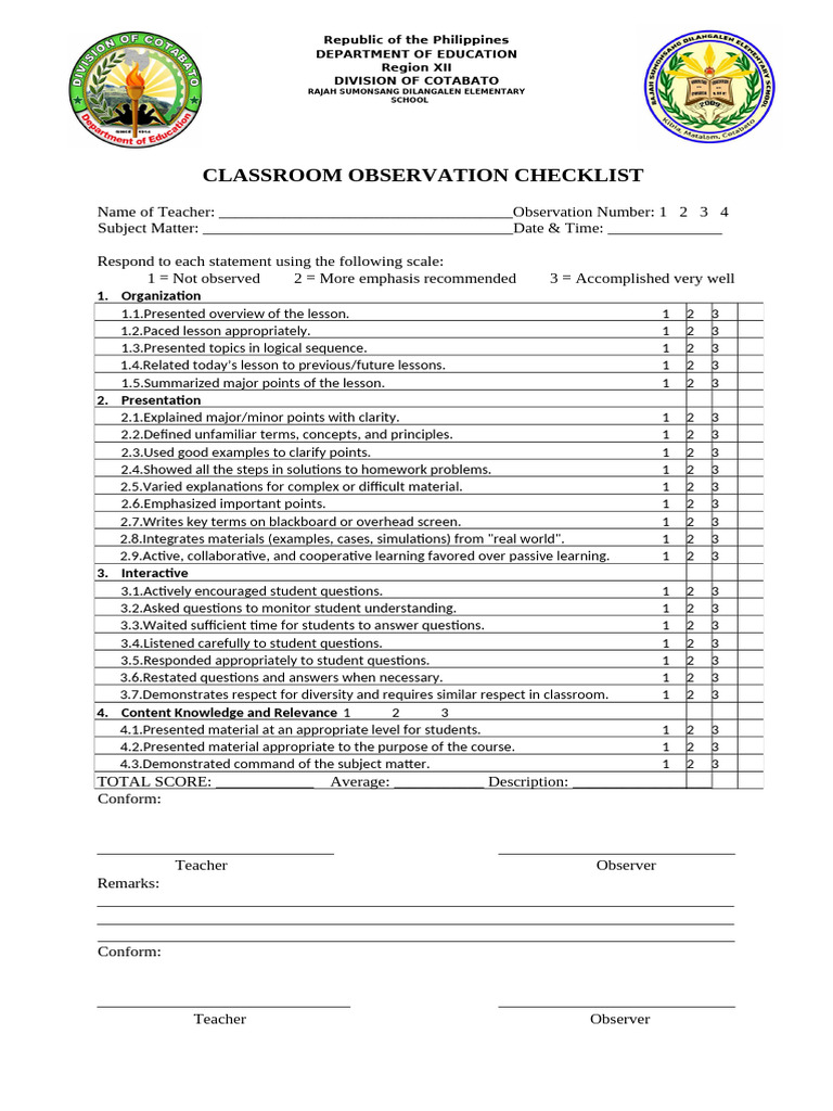 Class Observation Checklist | PDF | Teachers | Human Communication