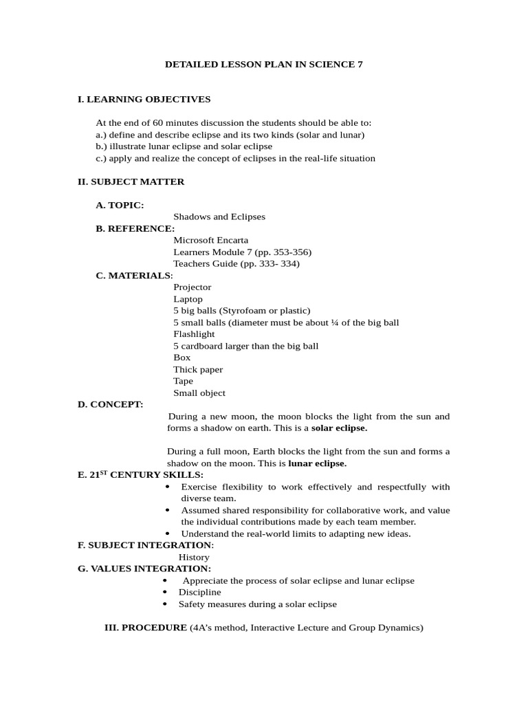 Detailed Lesson Plan in Science 7 | PDF | Eclipse | Moon
