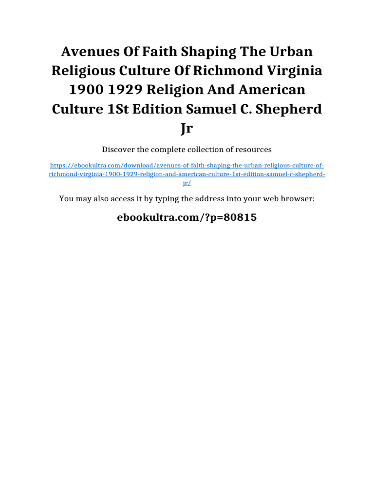 Avenues of Faith Shaping the Urban Religious Culture of Richmond ...
