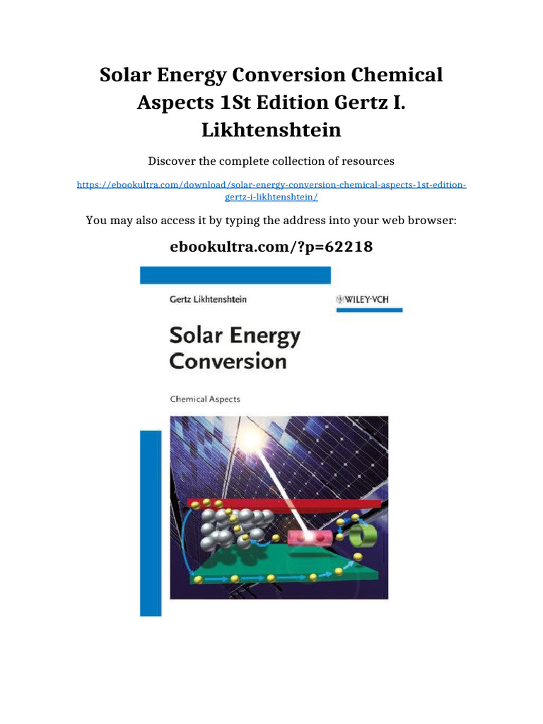 Solar Energy Conversion Chemical Aspects 1st Edition Gertz I ...