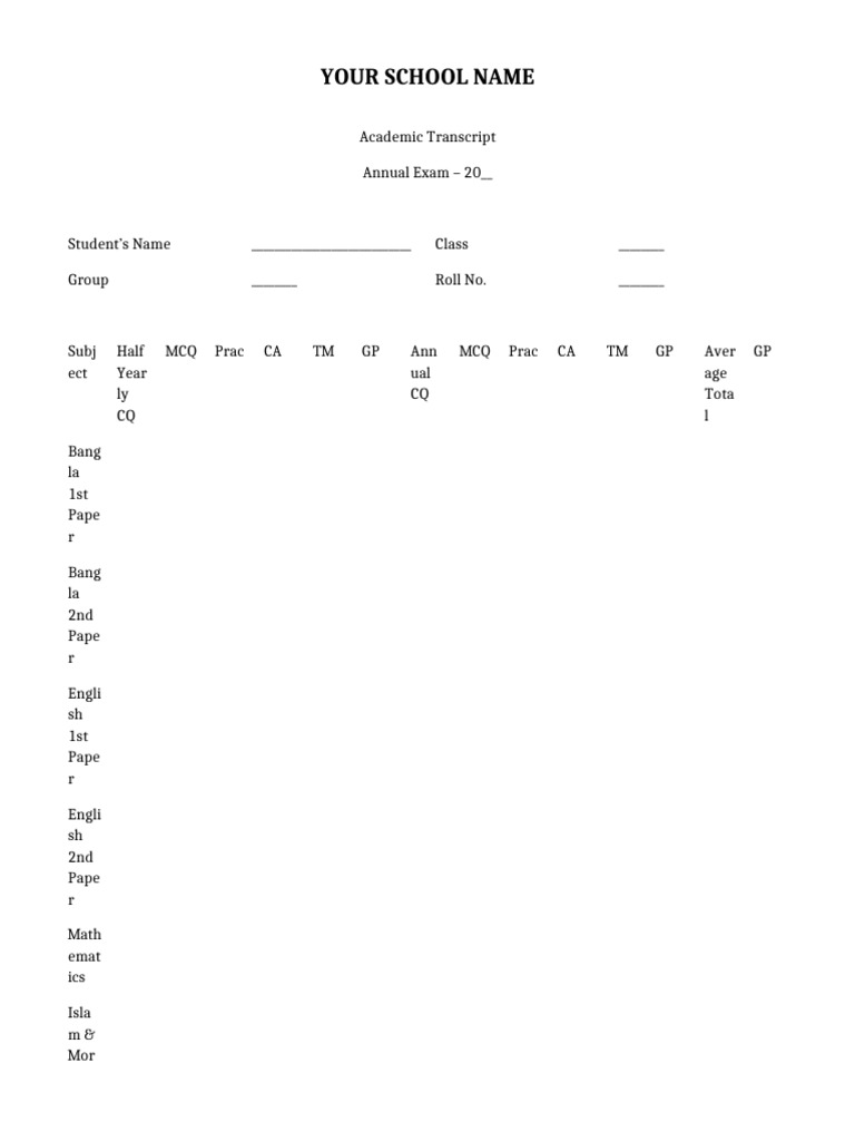 Blank Academic Transcript Template | PDF