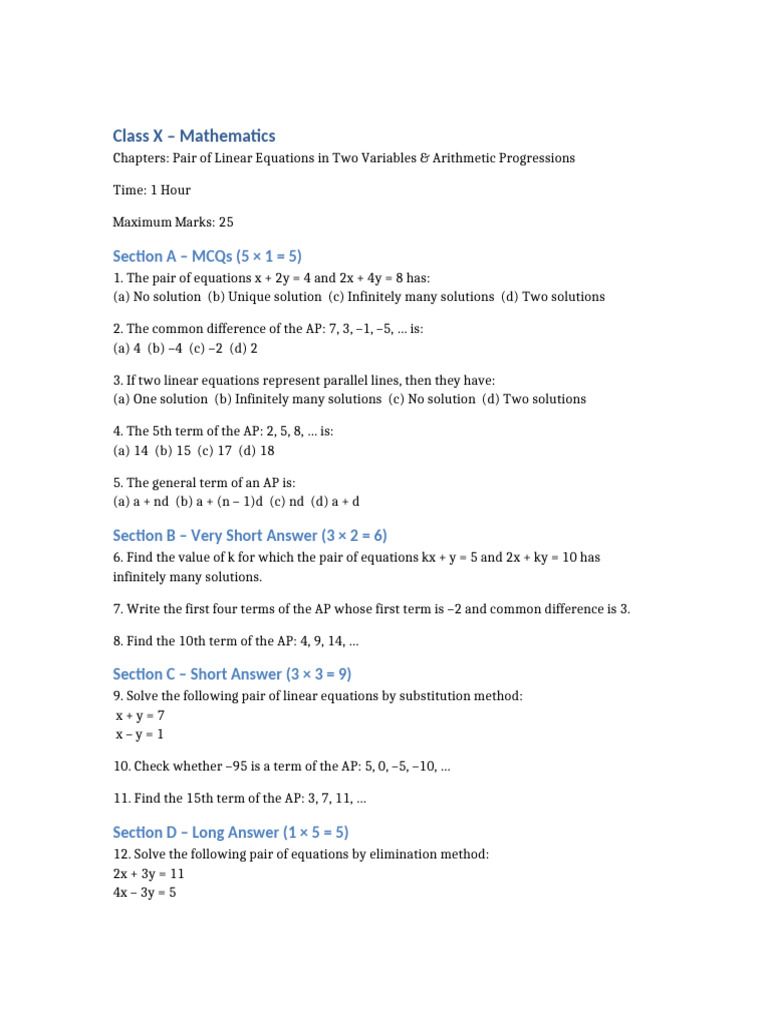 Class 10 Maths 25 Marks Test | PDF